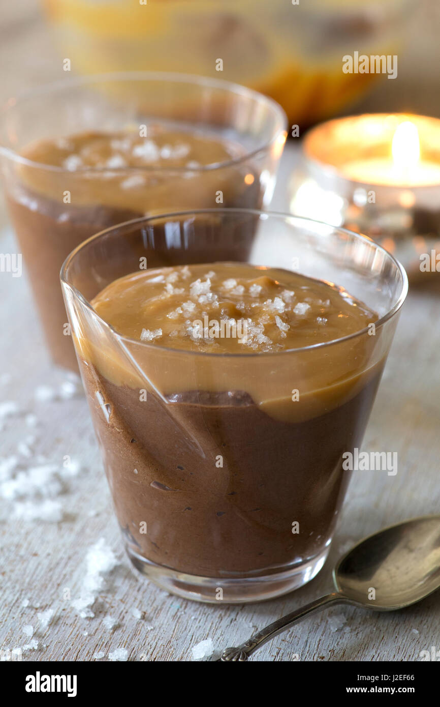 Chocolate mousse with salted caramel topping Stock Photo - Alamy