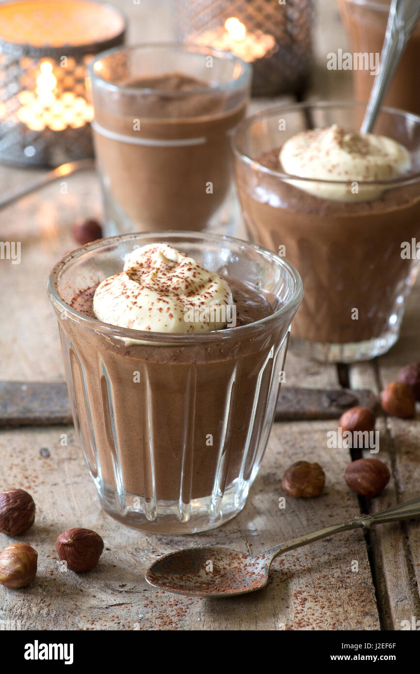 Chocolate mousse with salted caramel topping Stock Photo - Alamy