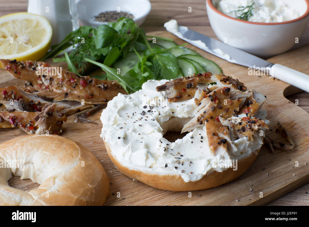 Mackerel and cream cheese bagels Stock Photo - Alamy