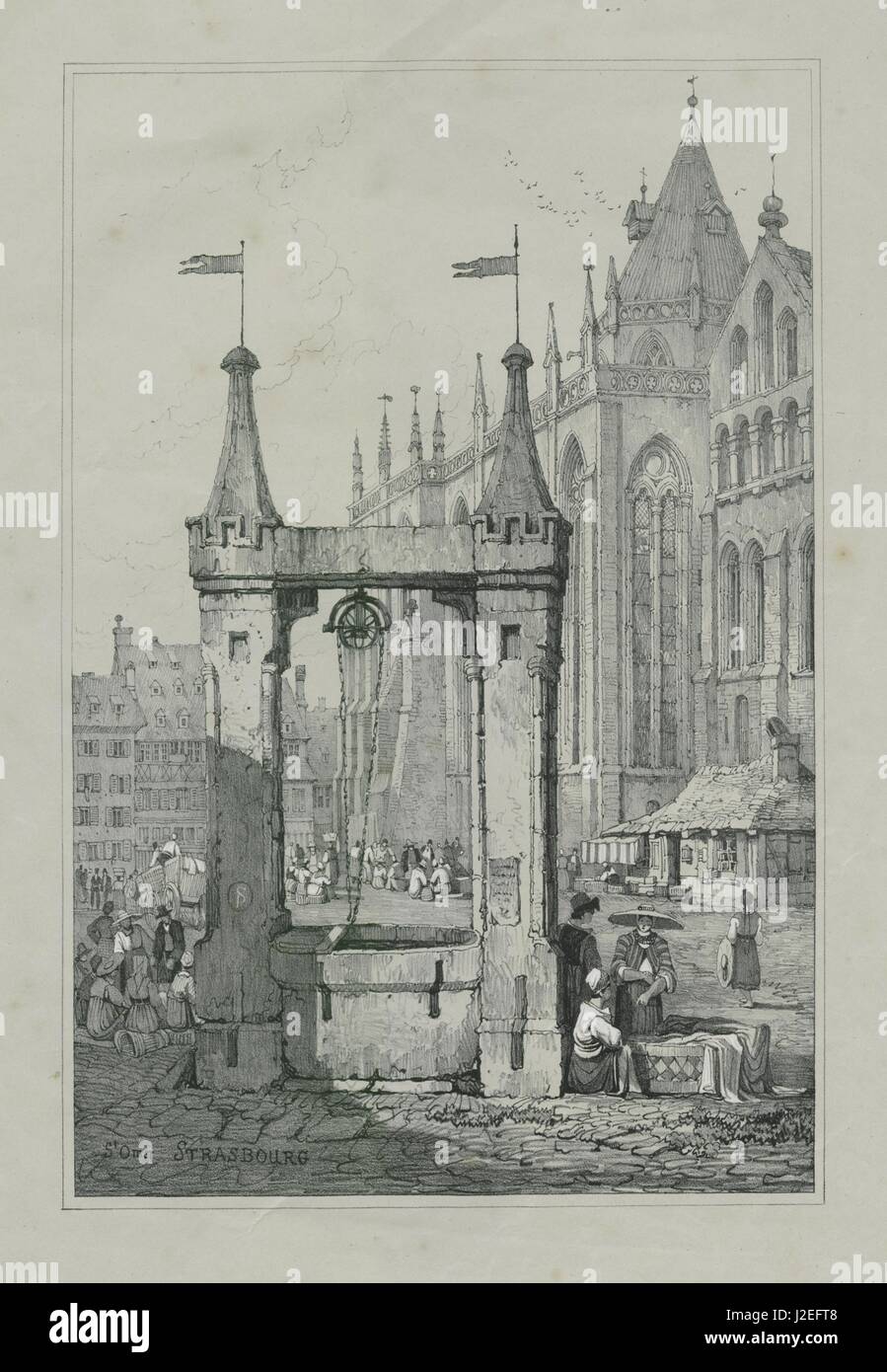 St Omer, Strasbourg. Place St-Thomas. Rare lithograph by Samuel PROUT ...