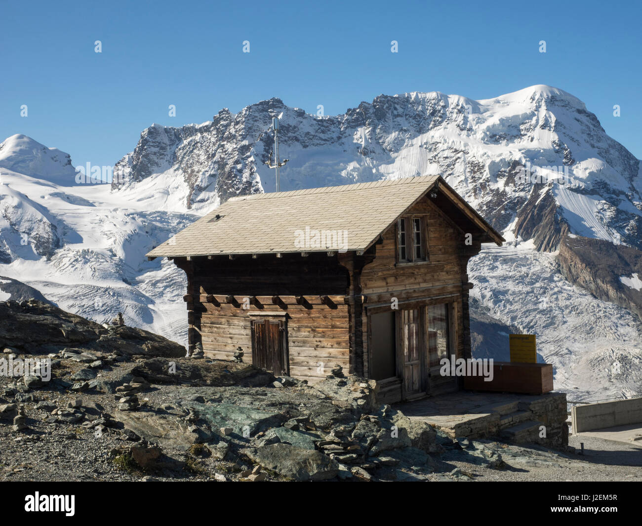 Switzerland, Zermatt, Gornergrat, hut with Breithorn Stock Photo - Alamy