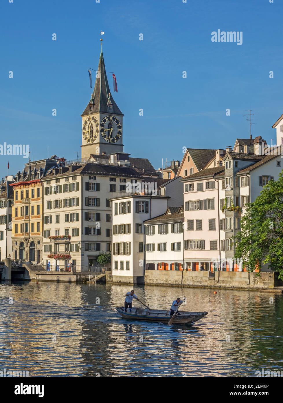 Switzerland, Zurich, Historic Lindenhof area, with Weidling boat on ...