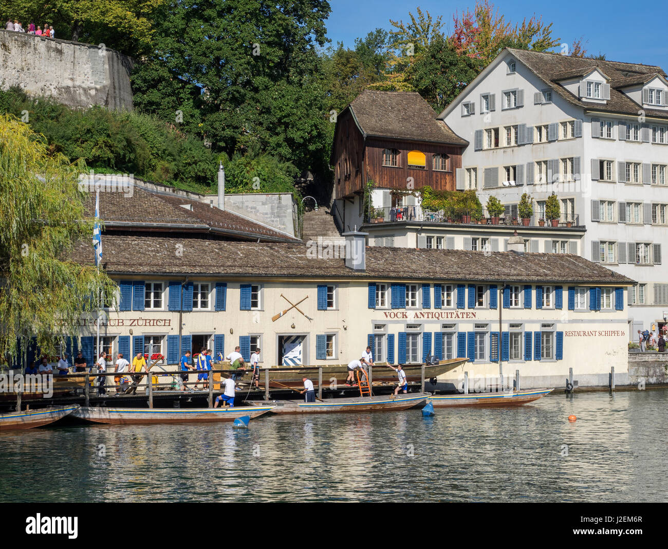 Switzerland, Zurich, Historic Lindenhof area, with Weidling boats at ...
