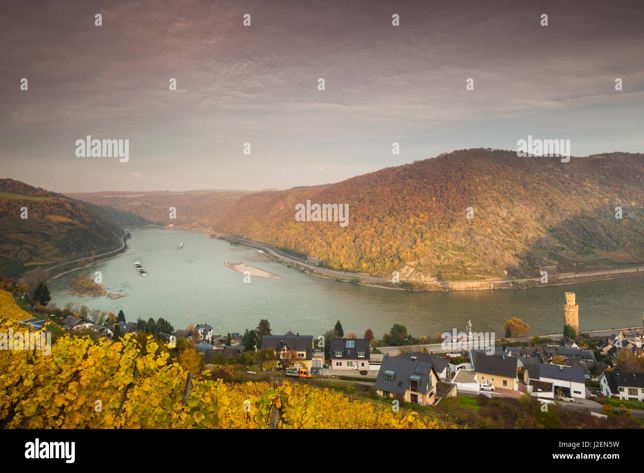 Germany, Rheinland-Pfalz, Oberwesel, elevated view of the Rhein River ...