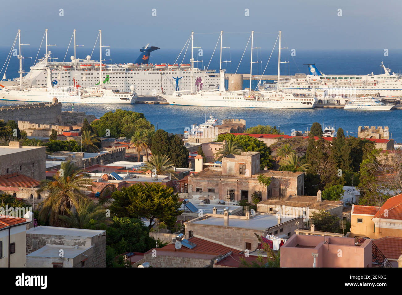 View over Rhodes Town and cruise ships, Rhodes, Dodecanese Islands ...