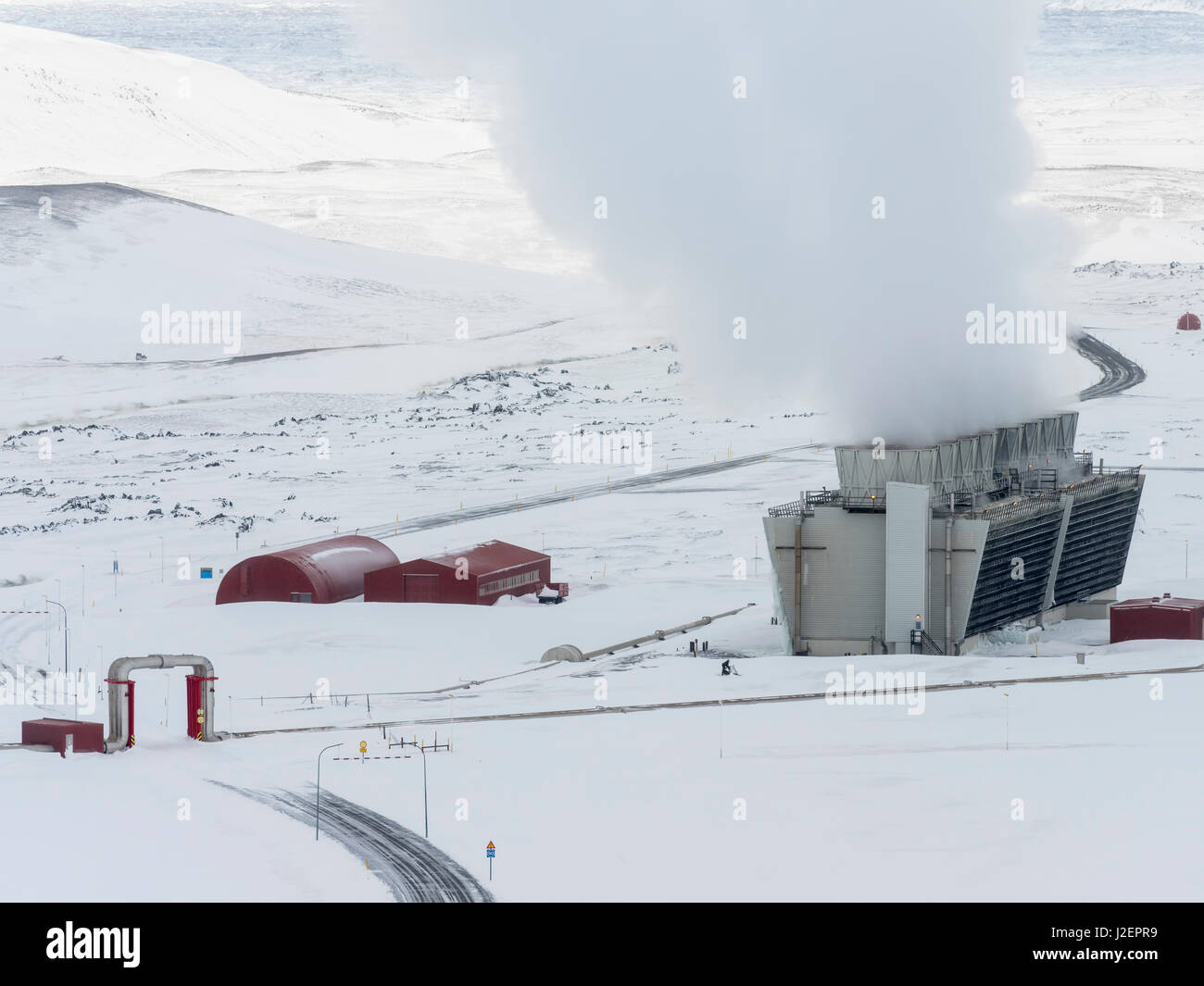 Geothermal power plant Kroefluvirkjun near the volcano Krafla and lake ...