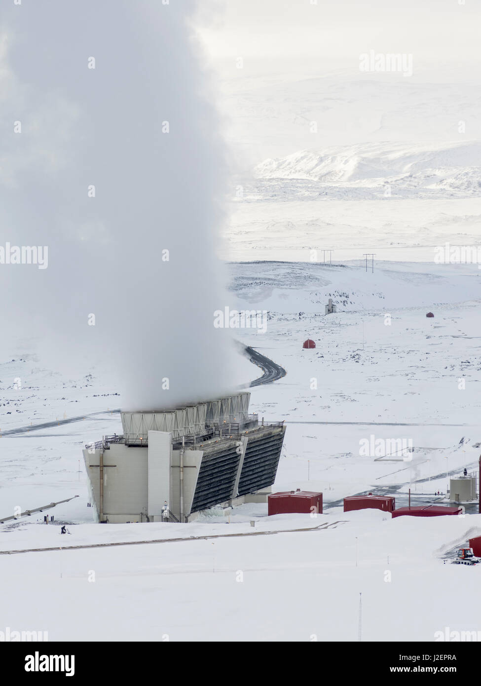Geothermal power plant Kroefluvirkjun near the volcano Krafla and lake ...