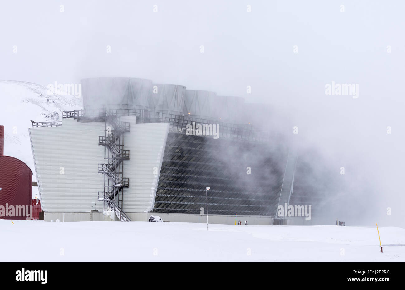 Geothermal power plant Kroefluvirkjun near the volcano Krafla and lake ...