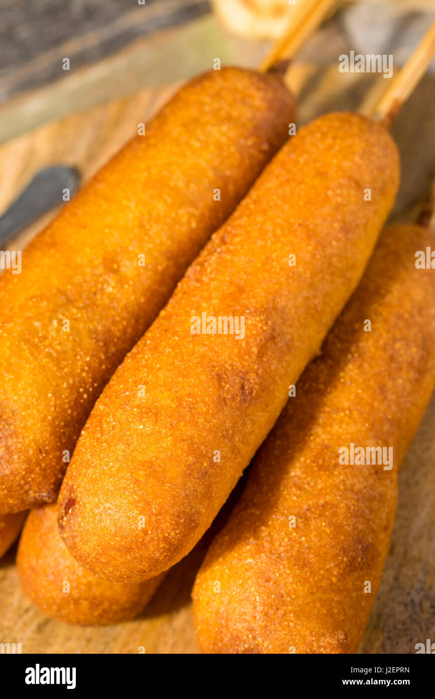 Homemade Deep Fried Corn Dogs with Mustard and Ketchup Stock Photo - Alamy