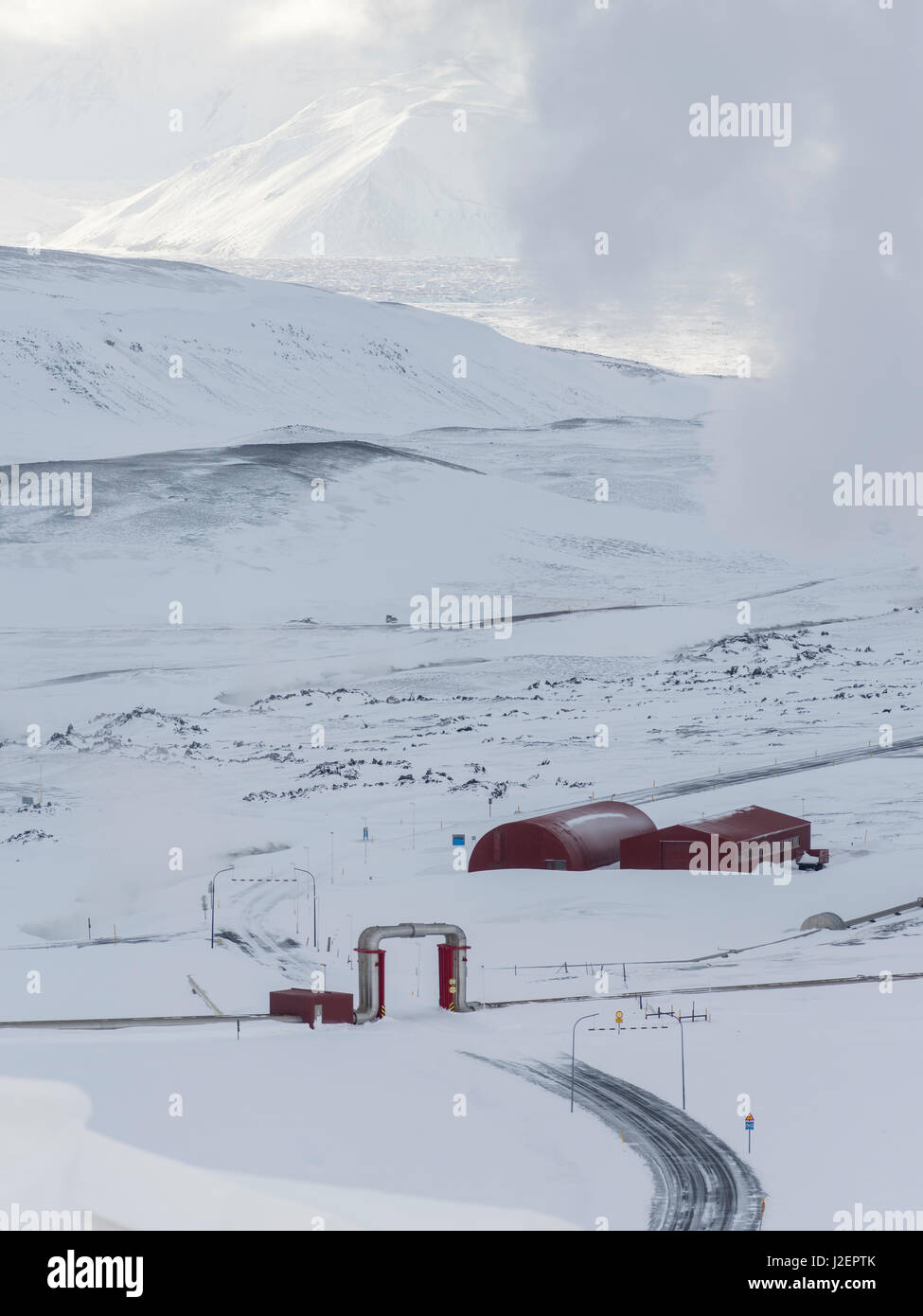 Geothermal power plant Kroefluvirkjun near the volcano Krafla and lake ...