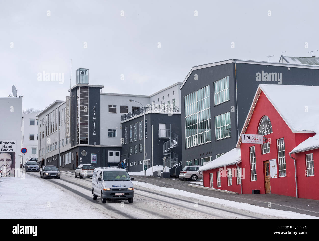 Akureyri during winter. Town center and the Museum of Art built in the ...