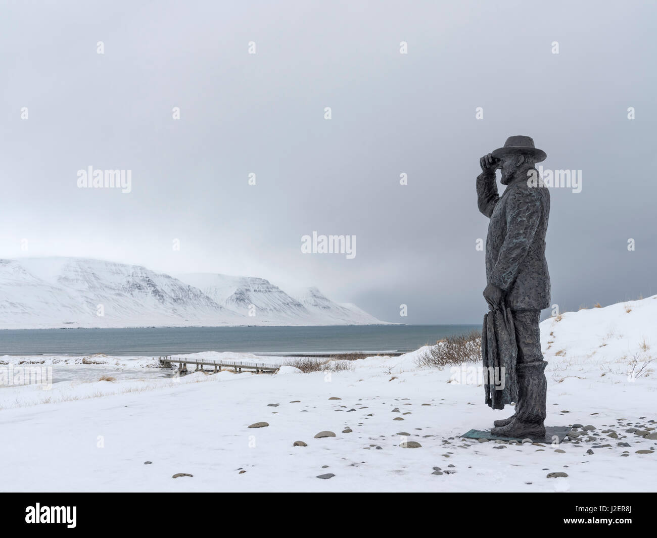 Statue of Jon Osmann (The ferryman) in Skagafjordur looking across the ...