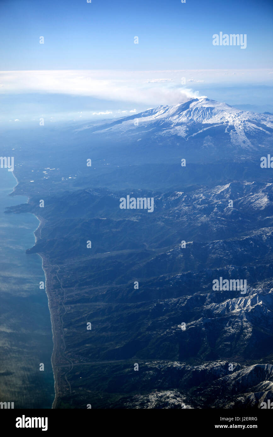 Italy, Sicily, aerial view of Mount Etna. Coast on the Ionian sea ...