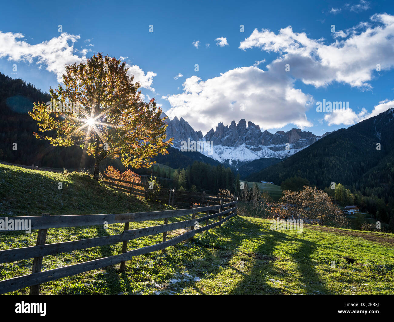 Villnoess valley in the Dolomites during autumn. Peaks of the Geisler ...