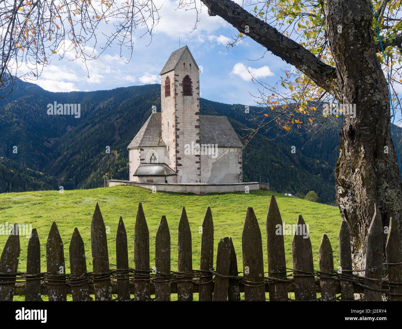The church Sankt Jakob, Villnoess Valley (Val de funes), in the ...