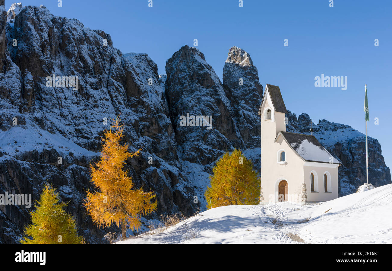The chapel at Grodner Joch, Passo Gardena in the Dolomites of South ...