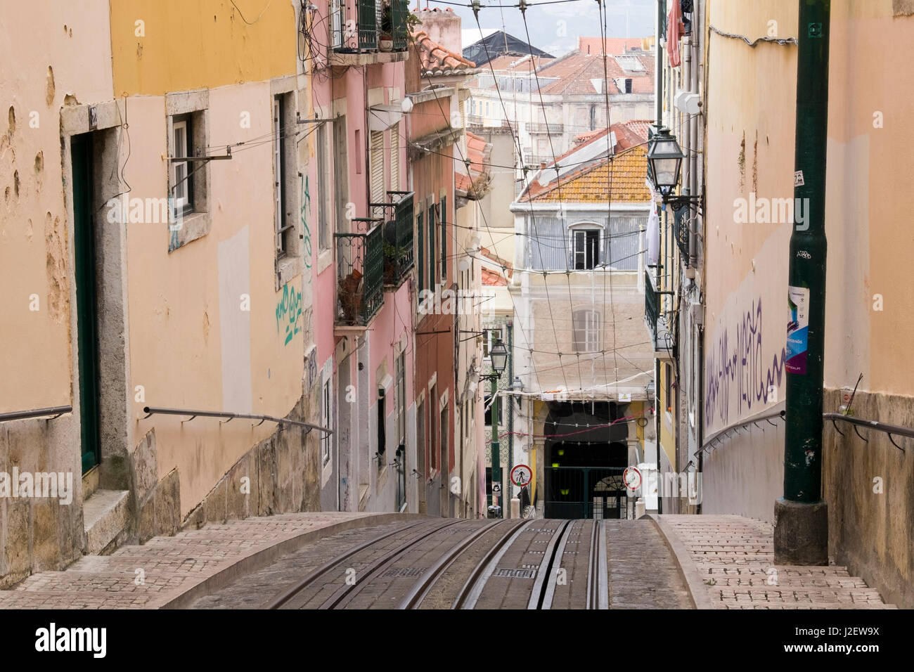 Portugal, Lisbon. Funicular railway racks for lift, trolley, tram in ...