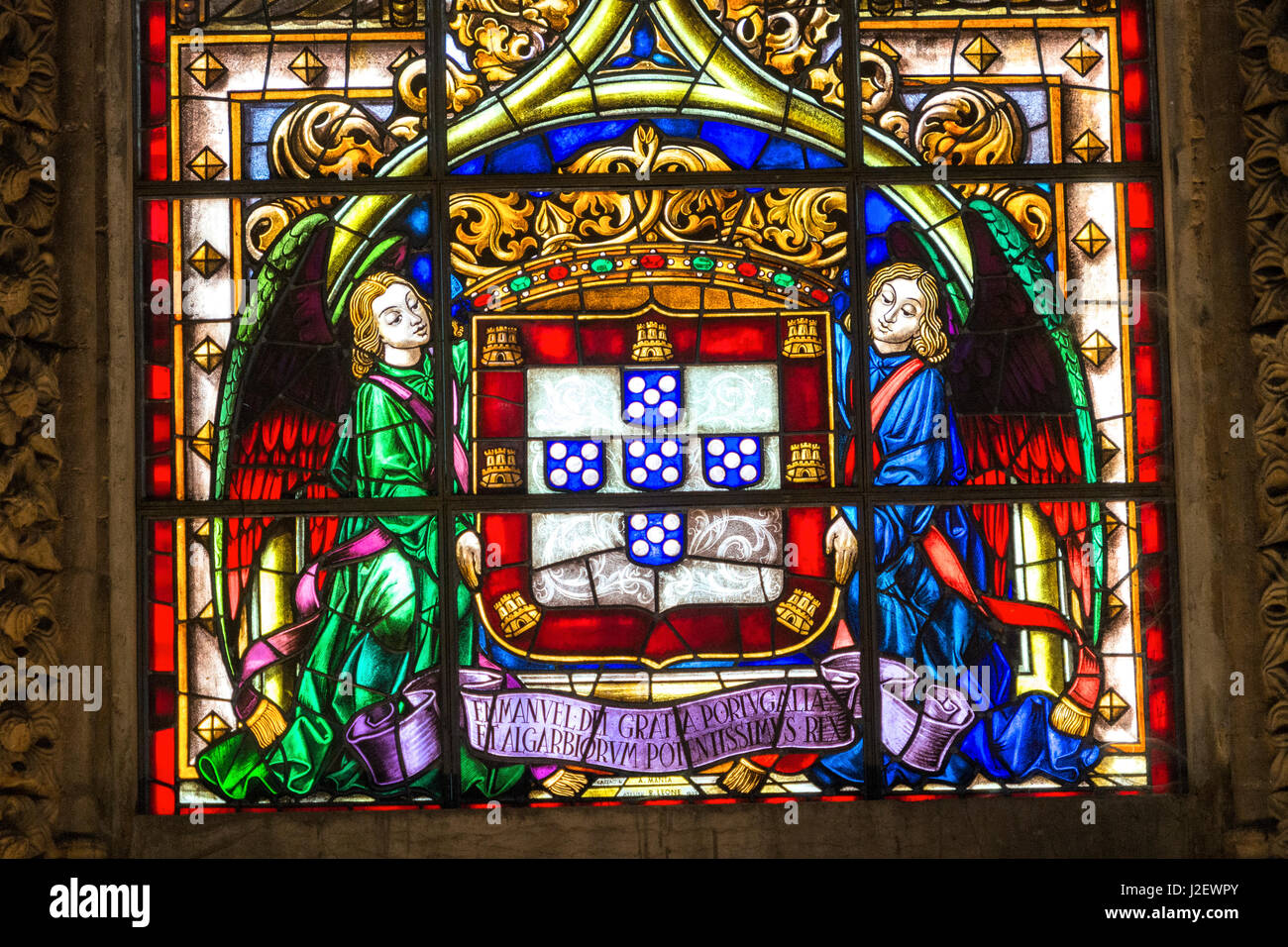 Stained glass window, Jeronimos Monastery, Lisbon, Portugal Stock Photo ...