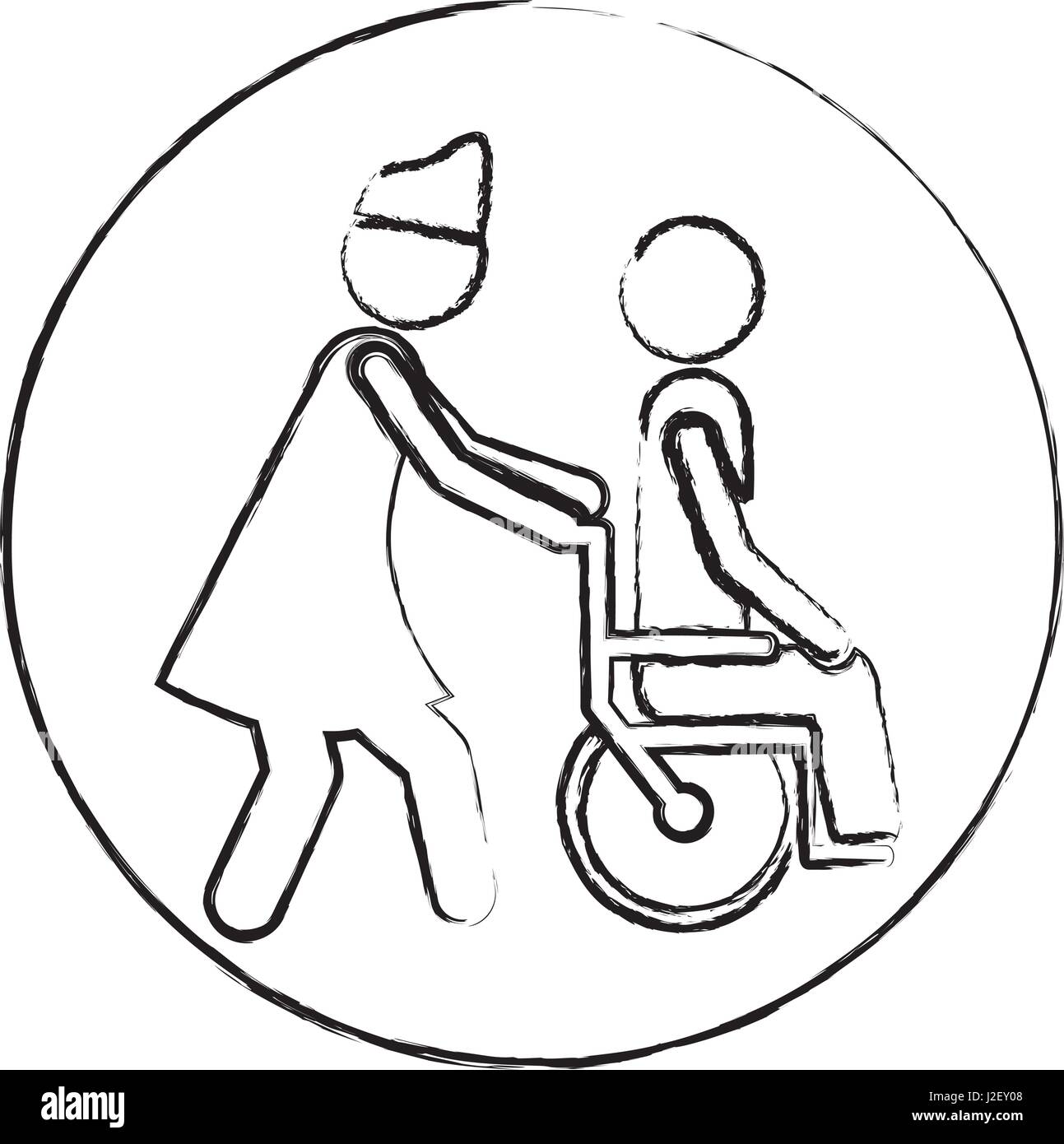 blurred circular frame silhouette nurse helping another person push a ...