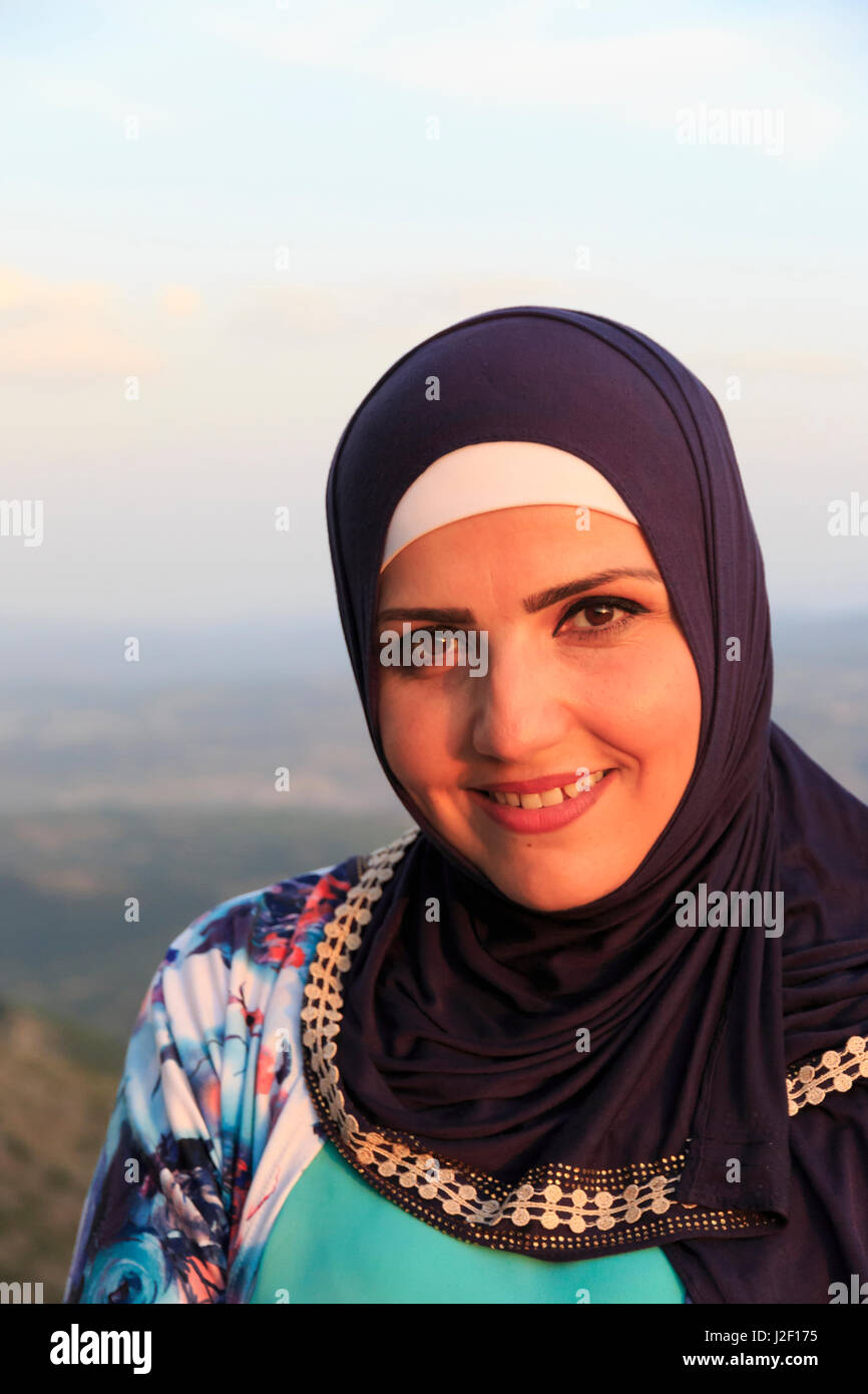Macedonia, Muslim tourist at lookout platform on Vodno Mountain ...
