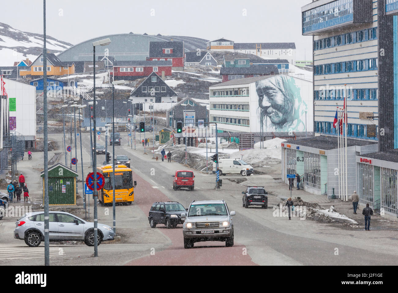Greenland, Nuuk, Aqqusinersuaq Street in late spring snow Stock Photo ...