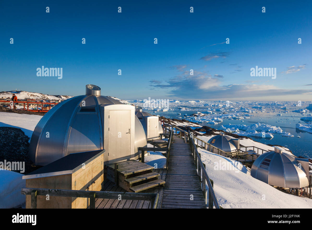 Greenland, Disko Bay, Ilulissat, waterfront igloo houses Stock Photo ...