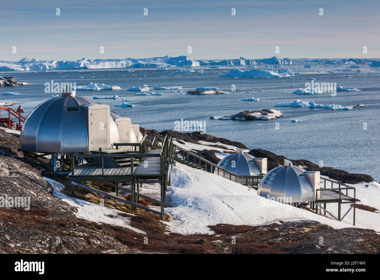 Greenland, Disko Bay, Ilulissat, waterfront igloo houses Stock Photo ...