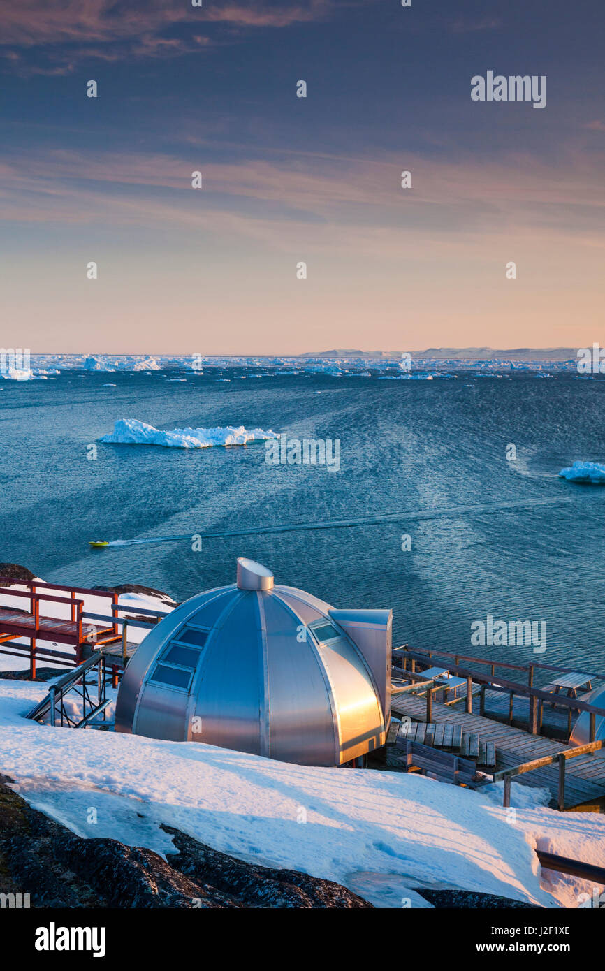 Greenland, Disko Bay, Ilulissat, waterfront igloo houses Stock Photo ...