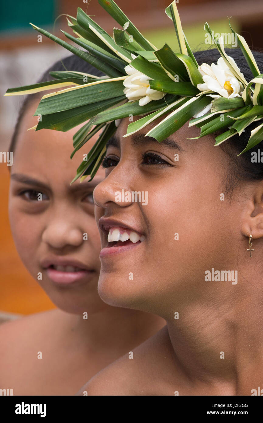 French Polynesia, Austral Islands, Raivavae. Happy Polynesian girl with ...