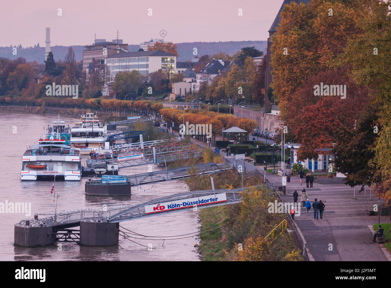 Germany, Nordrhein-Westfalen, Bonn, Rhine Riverfront, dusk Stock Photo ...