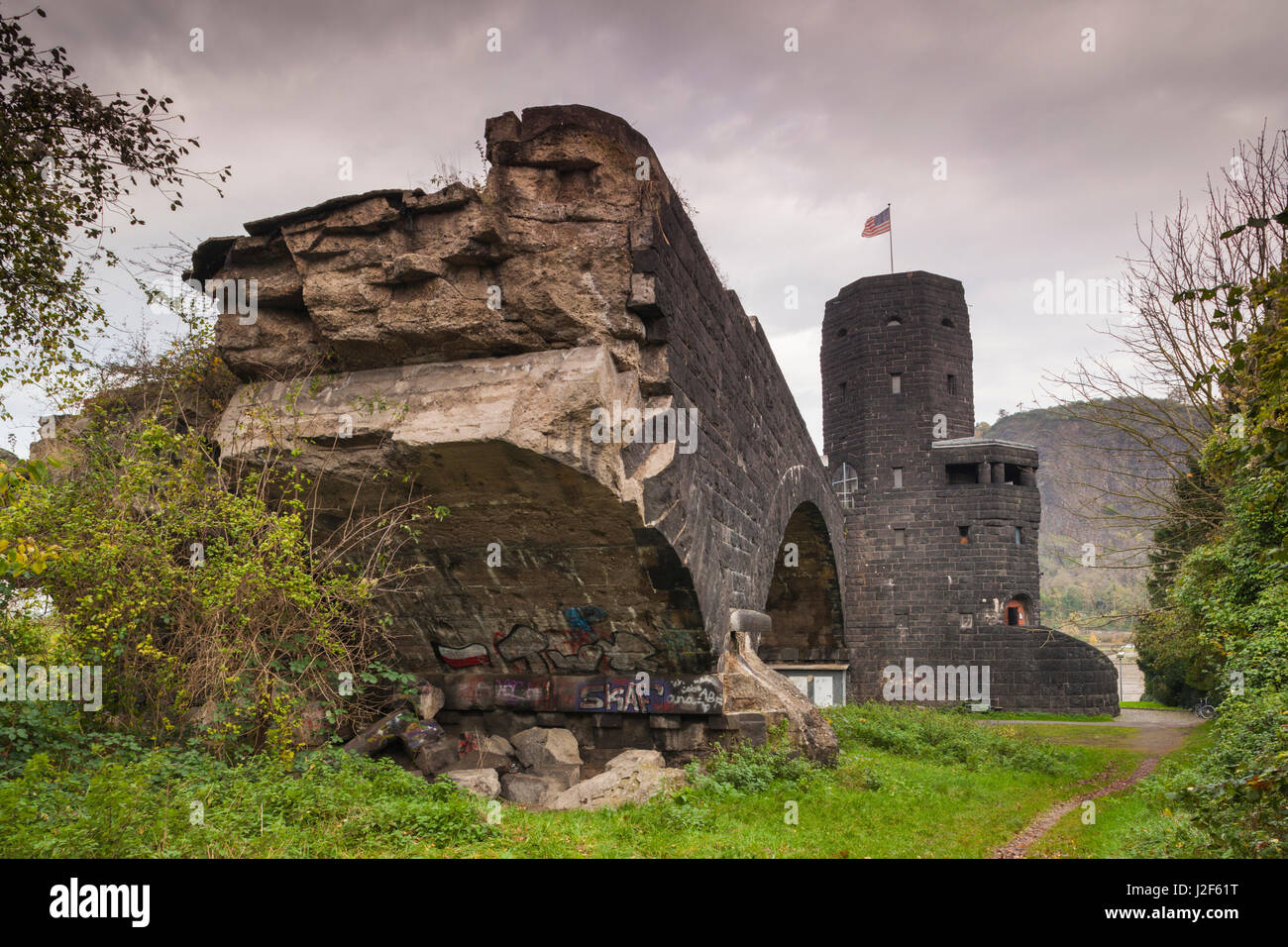 Germany, Rhineland-Pfalz, Remagen, ruins of the Bridge at Remagen, the ...