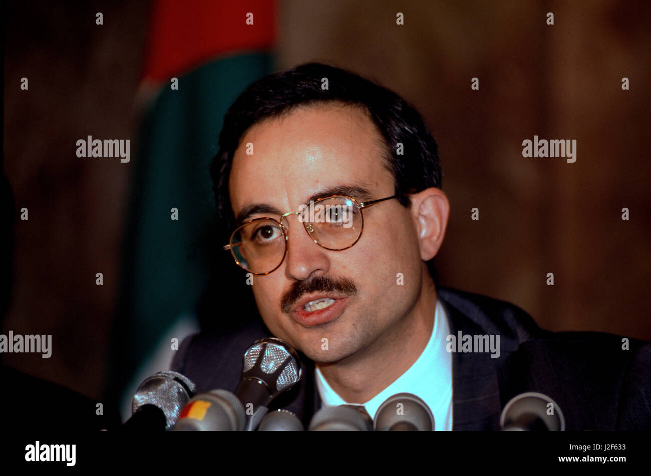 Jordanian spokesman Dr. Marwan Muasher delivers a briefing to reporters ...