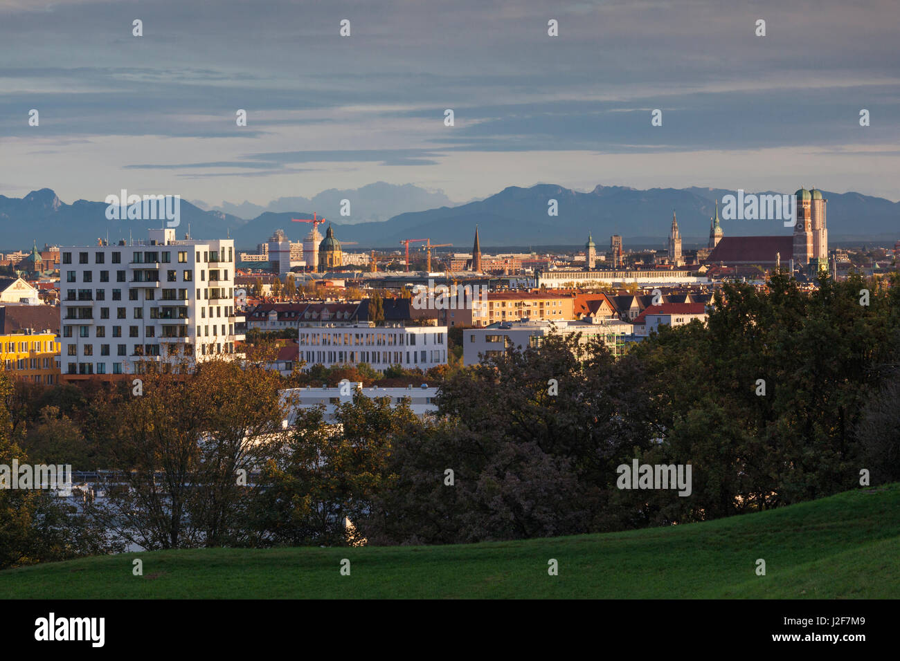 Germany, Bavaria, Munich, Olympic Park, fall city skyline from the ...