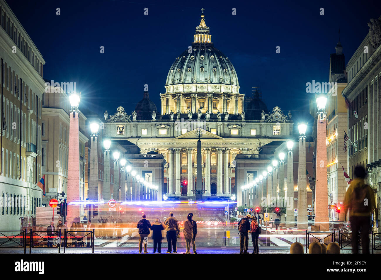 View of illuminated Saint Peter Basilica, Street Via della ...