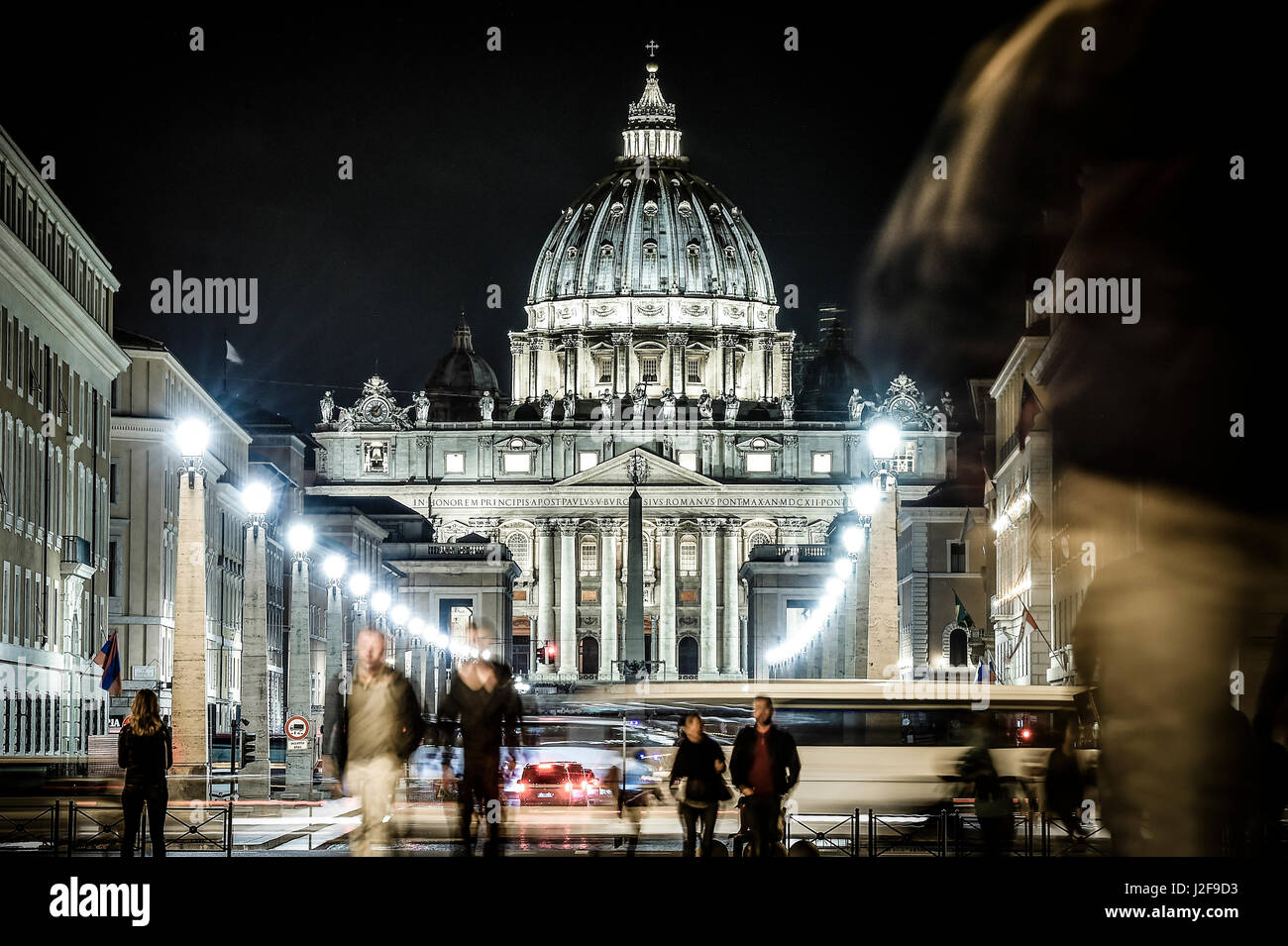 View of illuminated Saint Peter Basilica, Street Via della ...