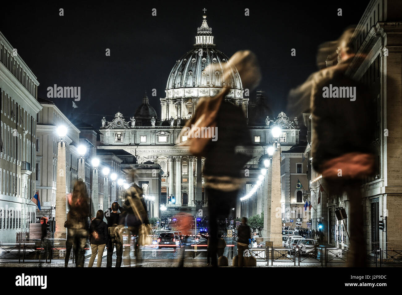 View of illuminated Saint Peter Basilica, Street Via della ...
