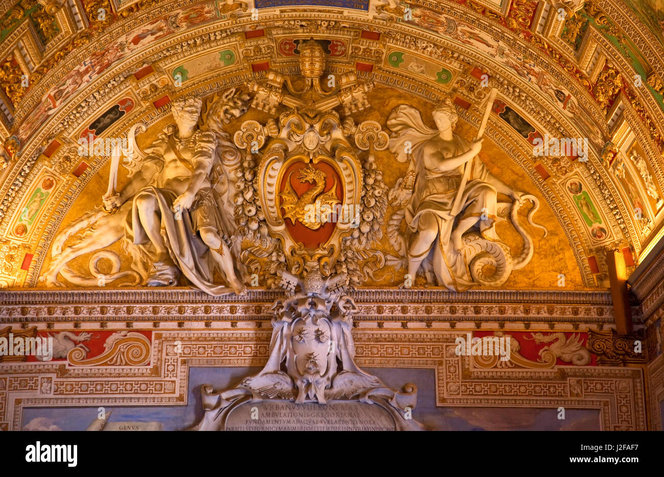 Papal Symbol Statues, Vatican Museum Inside Ornate Ceiling Map Room Details Dragon Symbol Stock ...