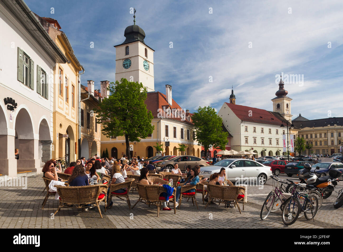 Romania, Transylvania, Sibiu, Piata Mica Square and Council Tower Stock ...
