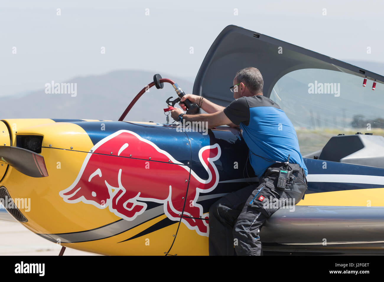 San Diego, USA - April 16, 2017: Filling plane with fuel on display ...