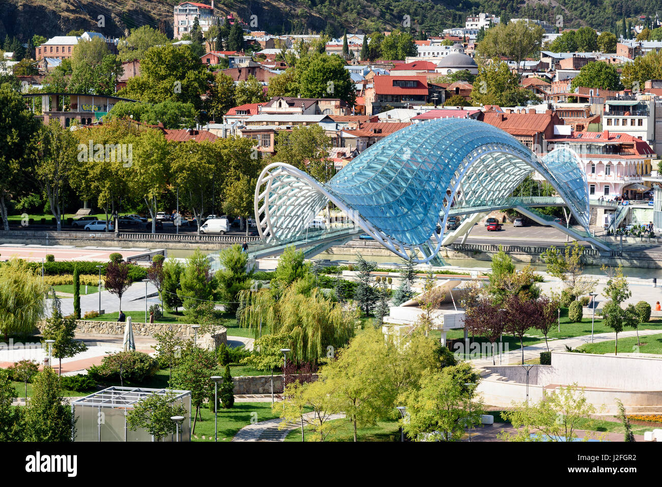 View of Rike Park with Bridge of Peace in center of Tbilisi city ...