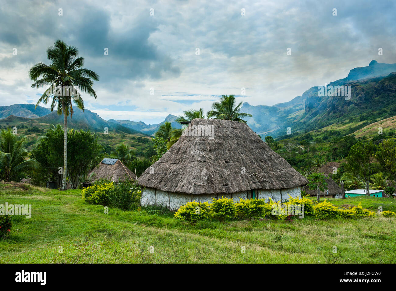 Traditional thatched roofed huts in Navala in the Ba Highlands of Viti ...