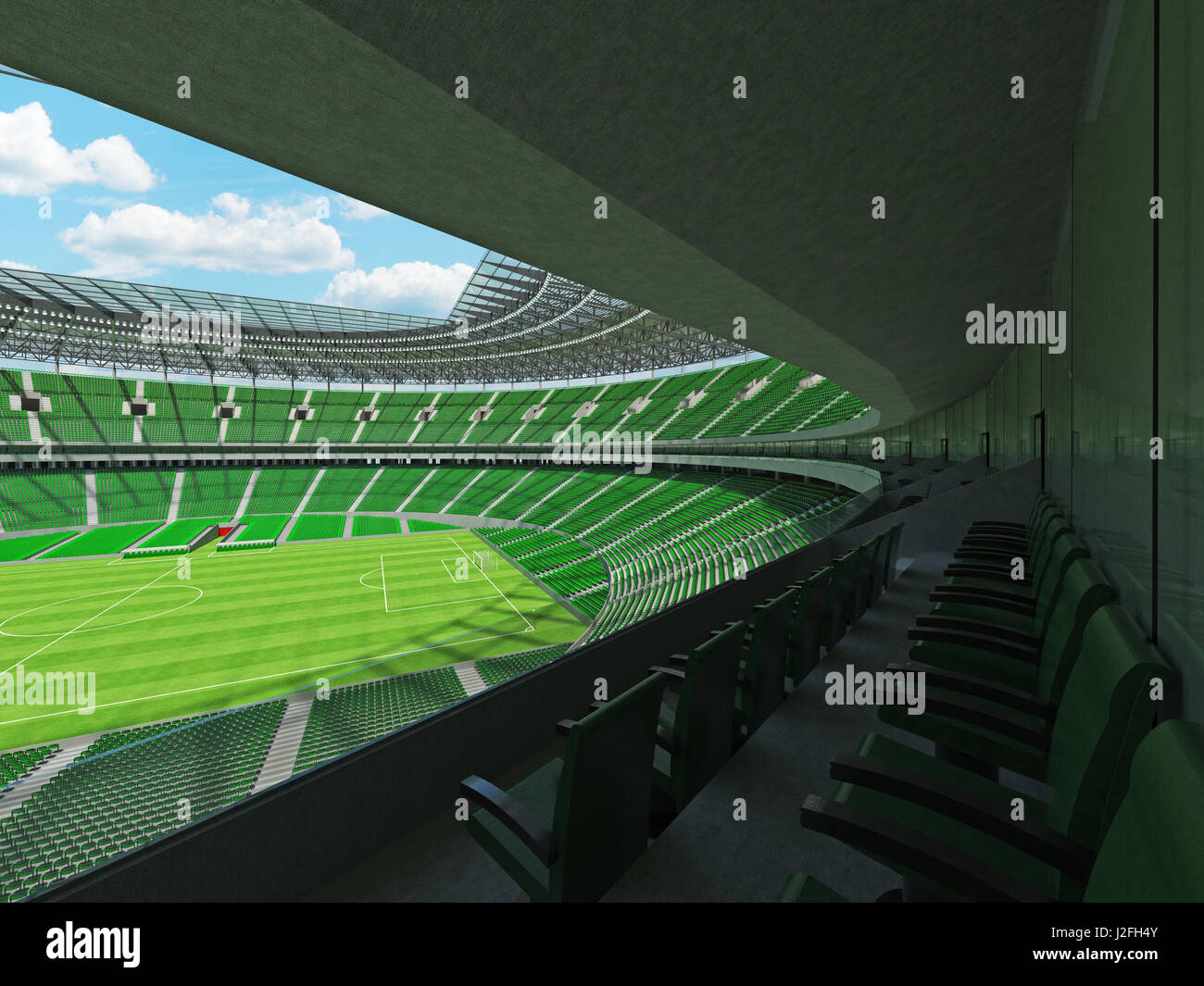 3D render of a round football - soccer stadium with black seats and VIP ...