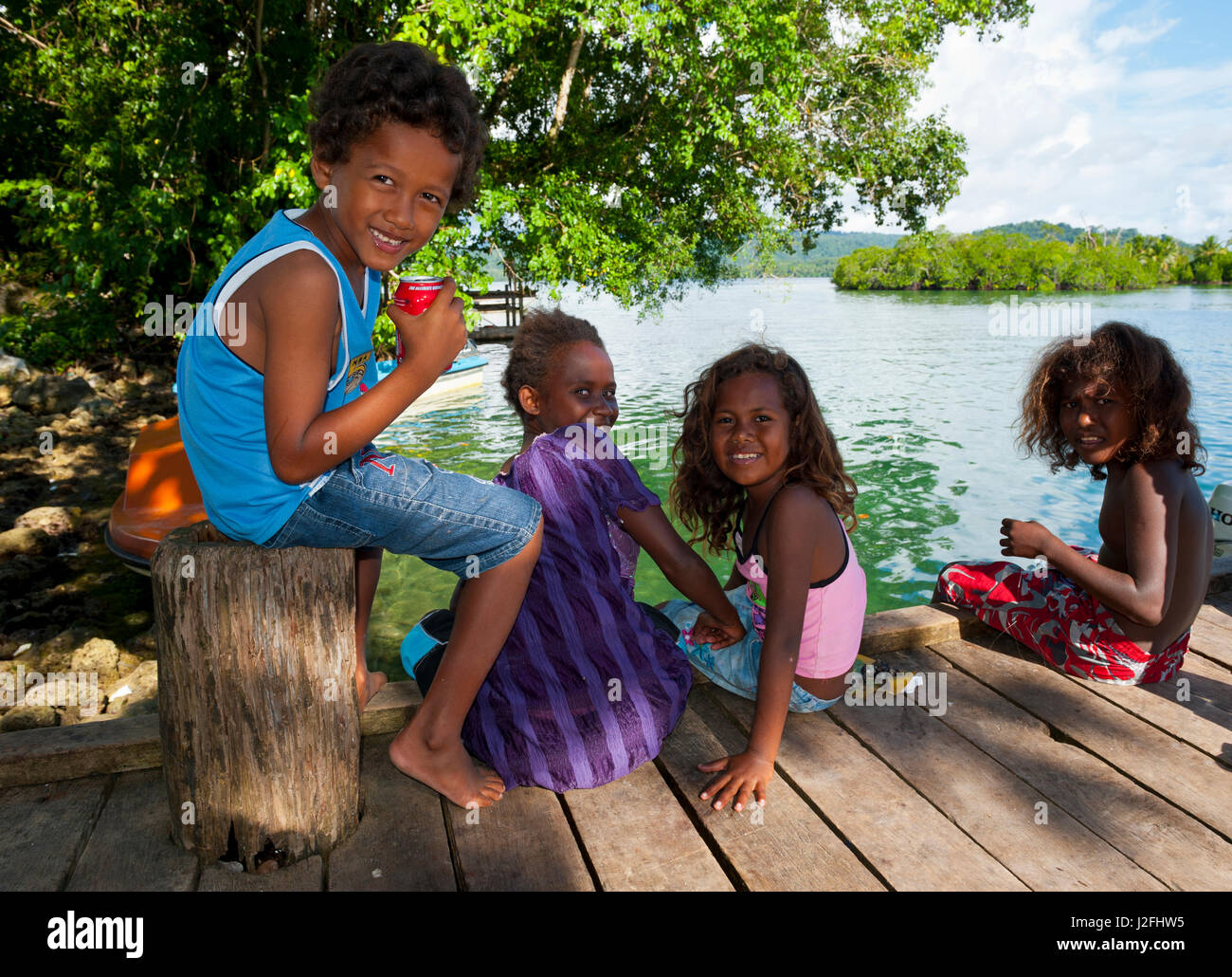 Friendly young children, Marovo Lagoon, Solomon Islands, Pacific Stock ...