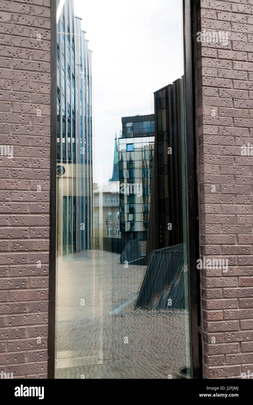Rotermann Quarter reflected on a shop window, Tallinn, Estonia, Baltic ...