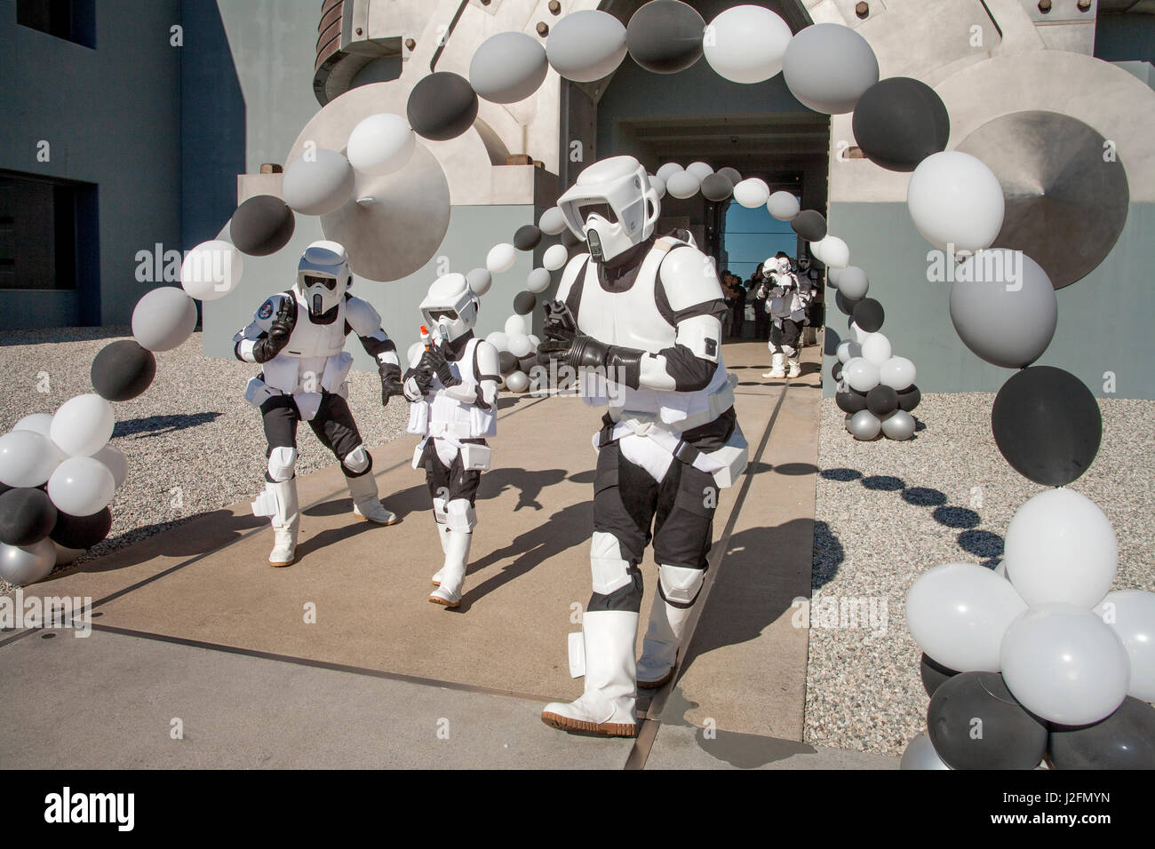 Actors costumed as Stormtroopers from the futuristic science fiction ...