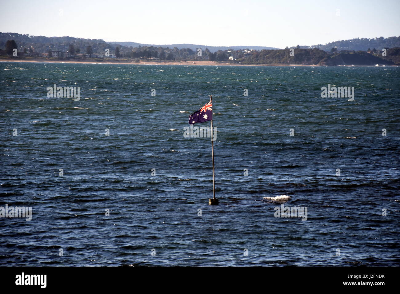 Australian flag waving in the water at Long Reef beach (Sydney, NSW ...