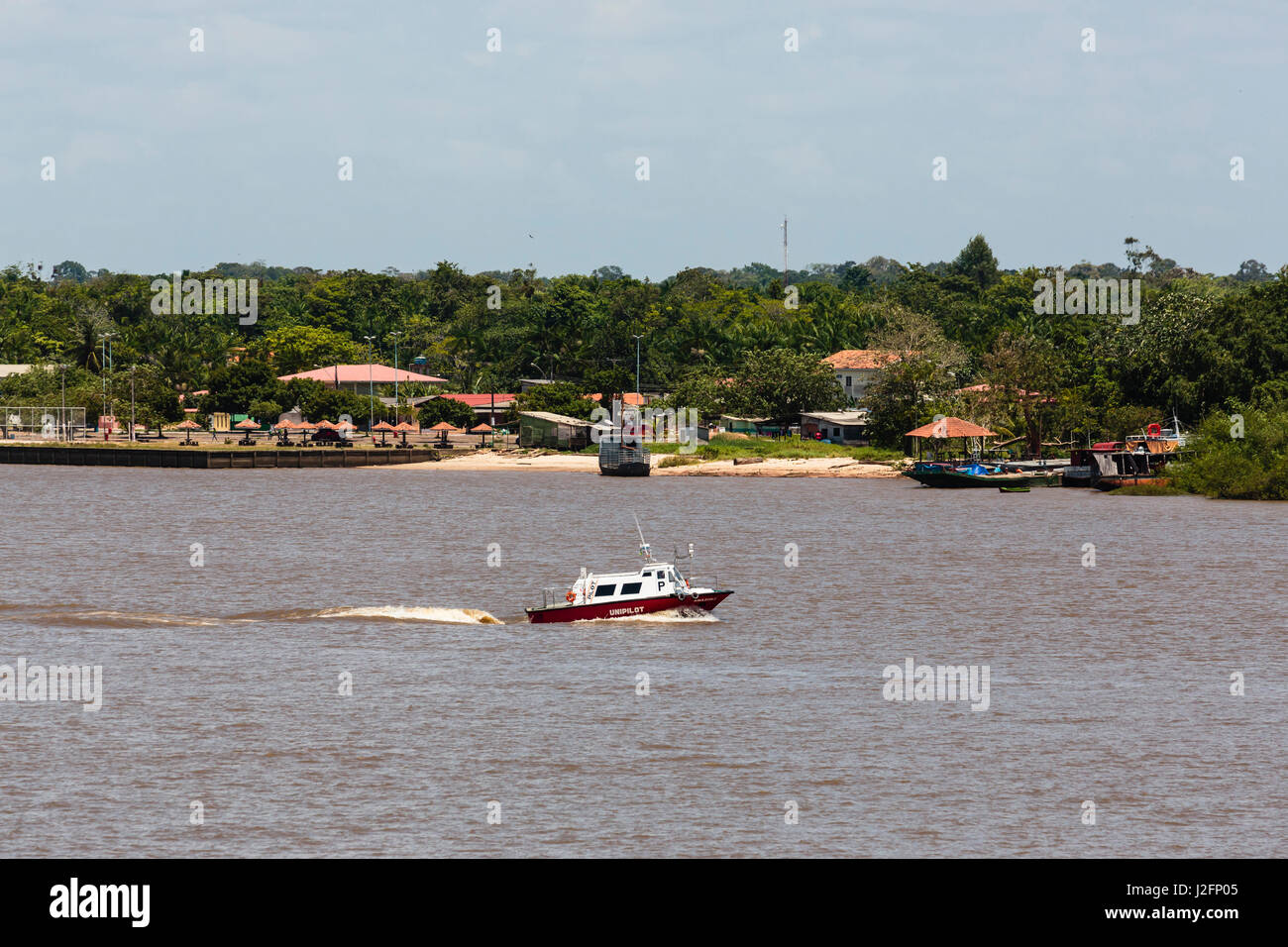 South America, Brazil, Amazon River. Boat and waterfront Stock Photo ...