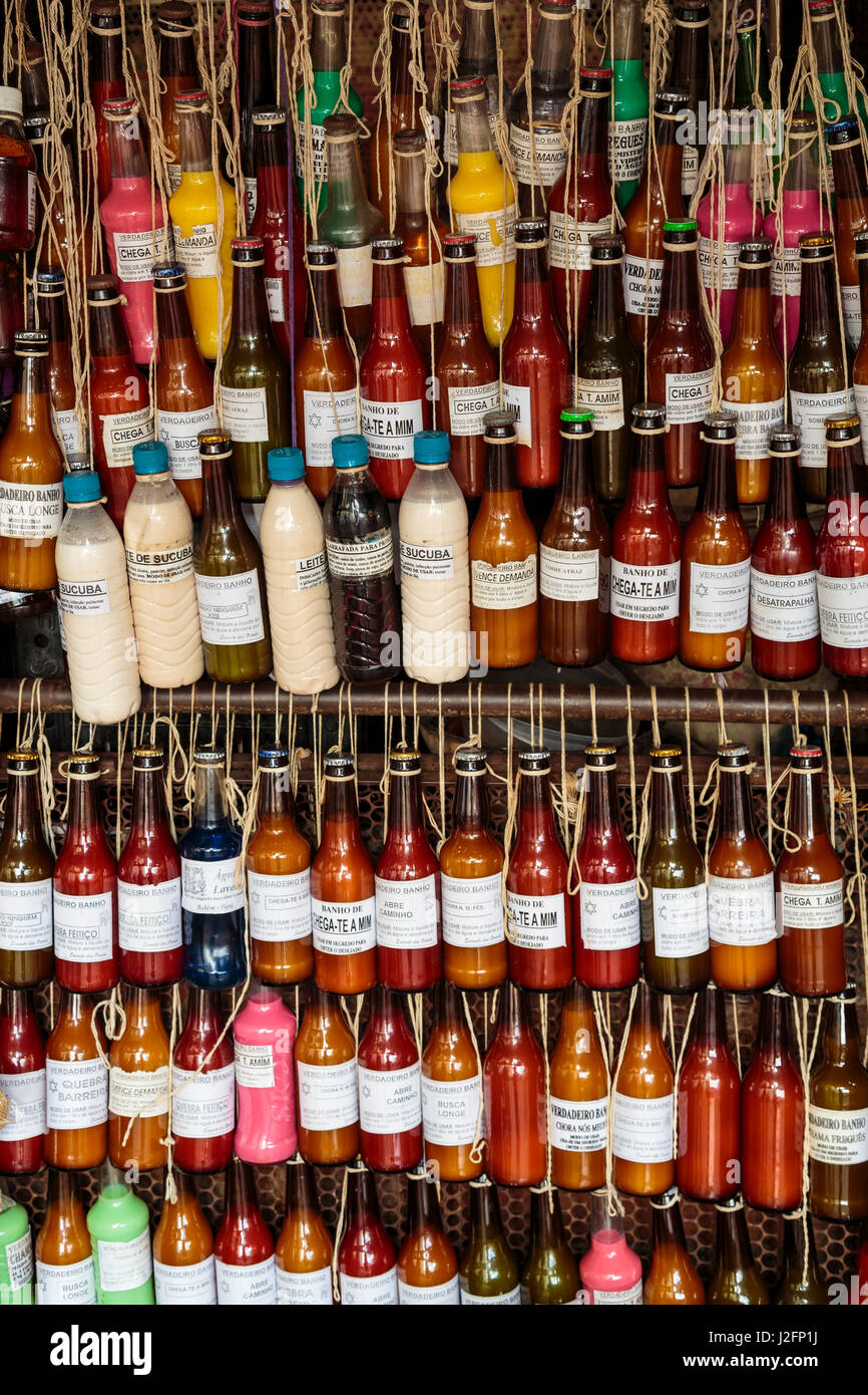 South America, Brazil, Belem. Bottles of medicinal potions at Ver-o ...