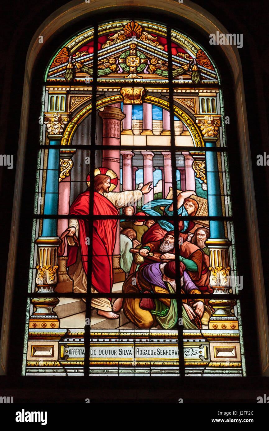 South America, Brazil, Belem. Stained glass window in the Cathedral of ...