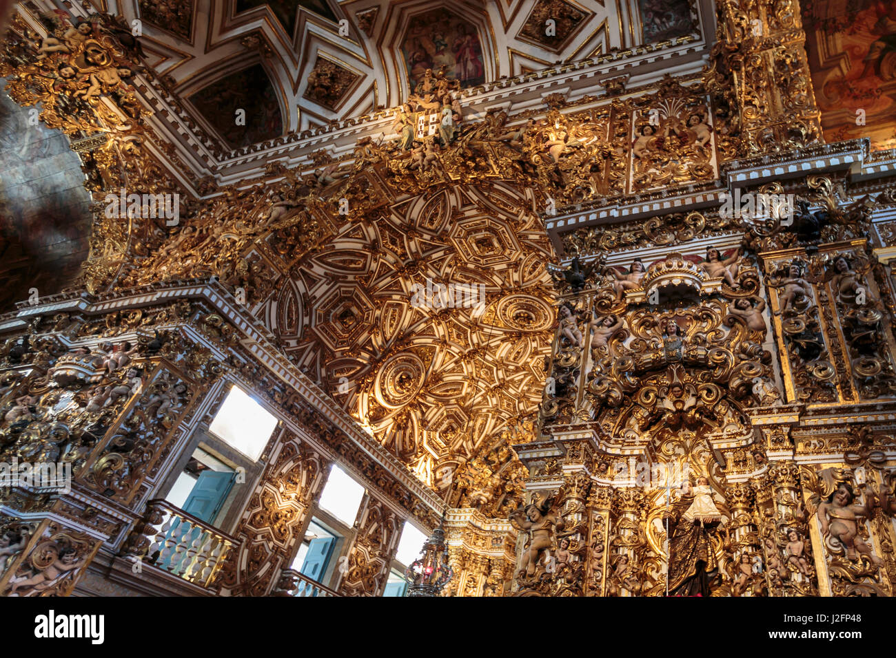 South America, Brazil, Salvador. Ornate gilded woodwork in Sao ...